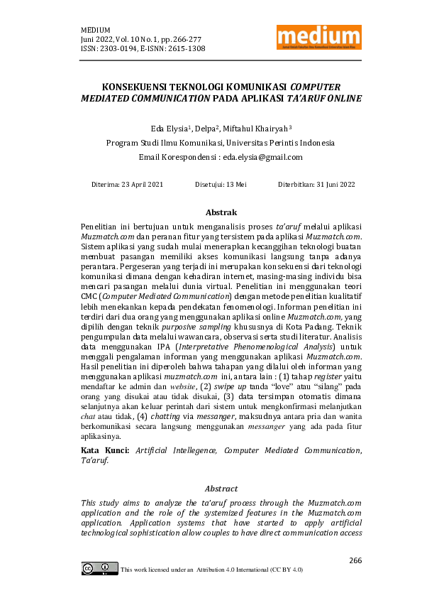 (PDF) Konsekuensi Teknologi Komunikasi Computer Mediated Communication Pada Aplikasi Ta’Aruf Online