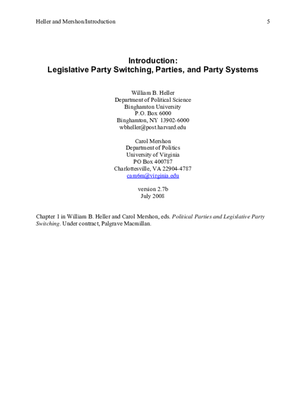 (PDF) Introduction: Legislative Party Switching, Parties, and Party Systems