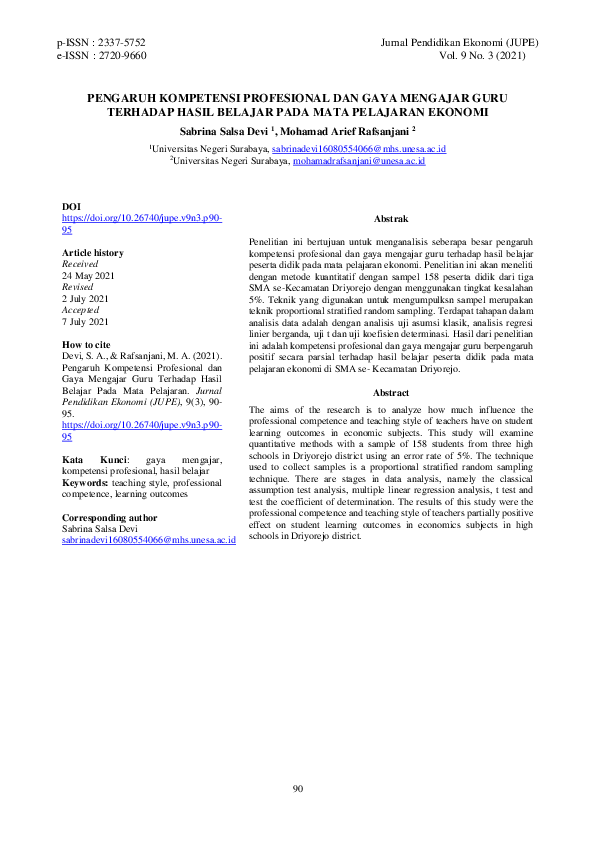 (PDF) Pengaruh Kompetensi Profesional dan Gaya Mengajar Guru Terhadap Hasil Belajar Pada Mata ...