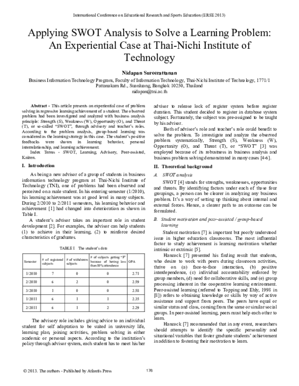 (PDF) Applying SWOT Analysis to Solve a Learning Problem: An Experiential Case at Thai-Nichi ...
