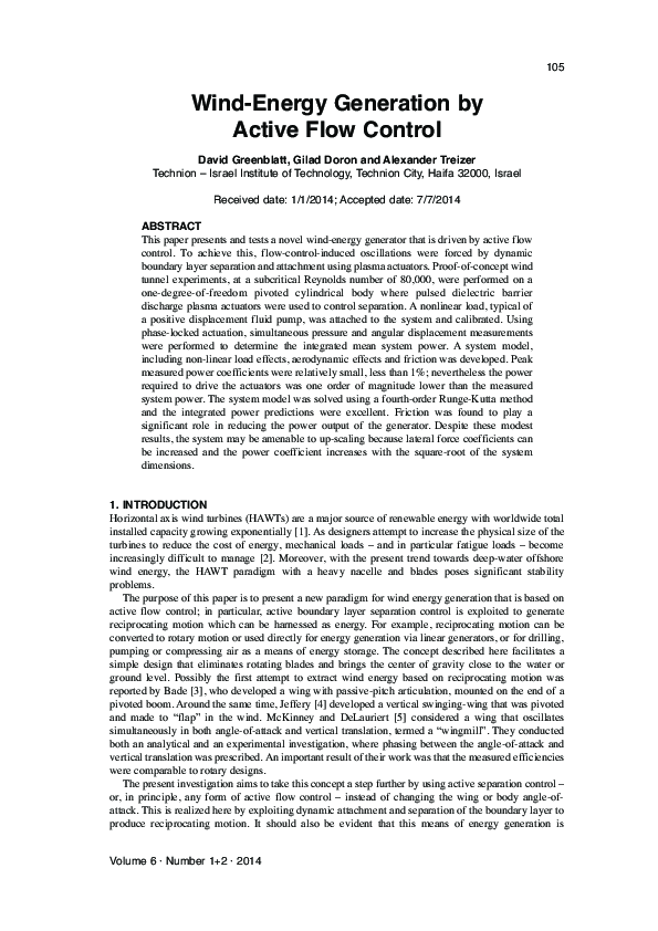 (PDF) Wind-Energy Generation by Active Flow Control