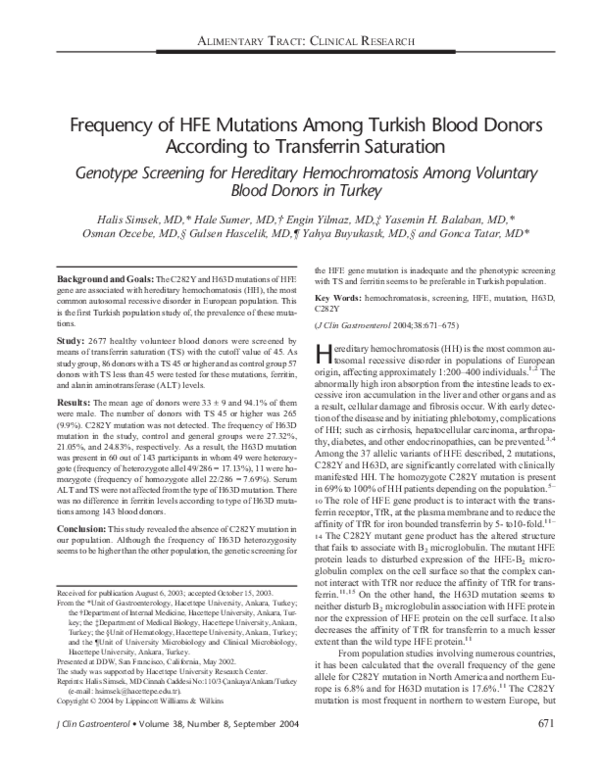 (PDF) Frequency of HFE Mutations Among Turkish Blood Donors According ...