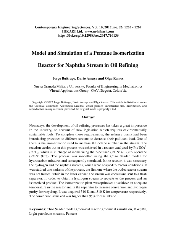 (PDF) Model and simulation of a pentane isomerization reactor for ...