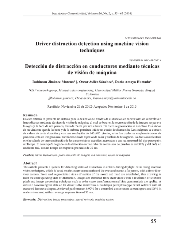 Pdf Driver Distraction Detection Using Machine Vision Techniques