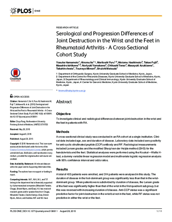 (PDF) Serological and Progression Differences of Joint Destruction in the Wrist and the Feet in ...