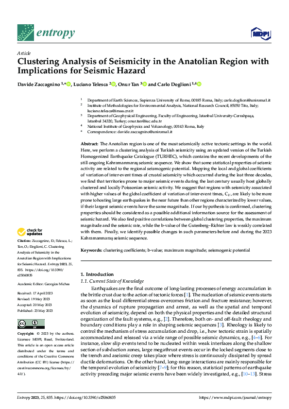 (PDF) Clustering Analysis of Seismicity in the Anatolian Region with Implications for Seismic Hazard
