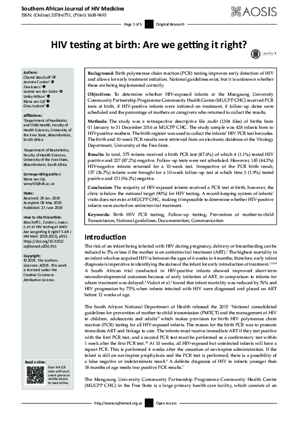 (PDF) HIV testing at birth: Are we getting it right?