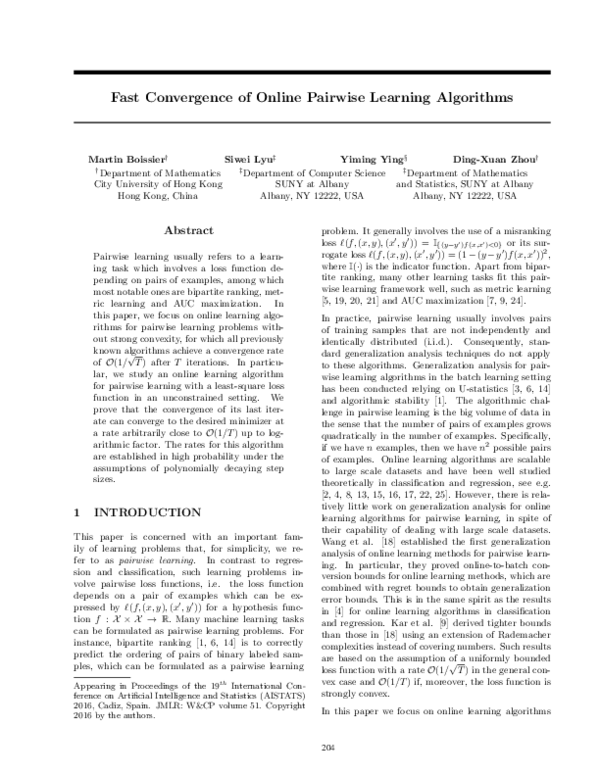 (PDF) Fast Convergence of Online Pairwise Learning Algorithms