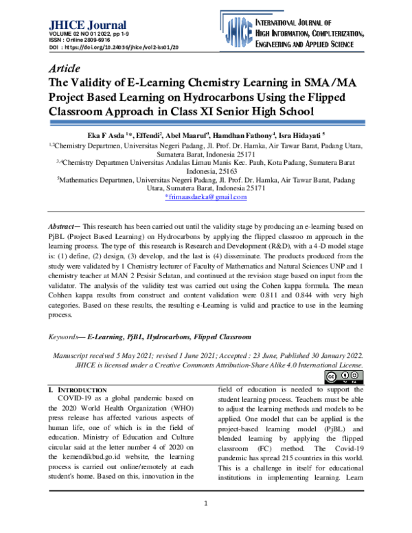 (PDF) The Validity of E-Learning Chemistry Learning in SMA / MA Project Based Learning on ...