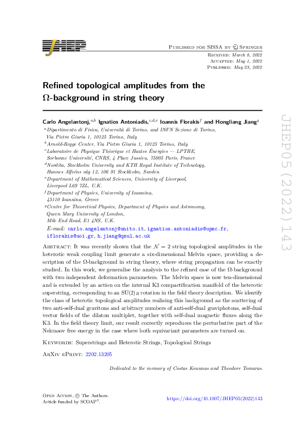(PDF) Refined topological amplitudes from the Ω-background in string theory | Ignatios ...