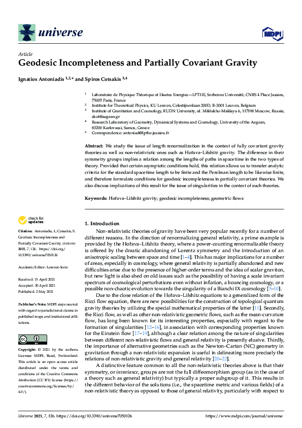 (PDF) Geodesic Incompleteness and Partially Covariant Gravity | Ignatios Antoniadis - Academia.edu