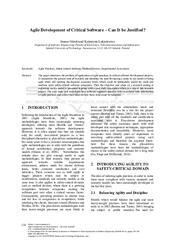 (PDF) Agile Development of Critical Software – Can It be Justified?