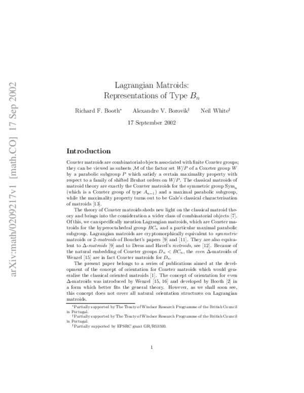 (PDF) Lagrangian Matroids: Representations of Type $B_n$