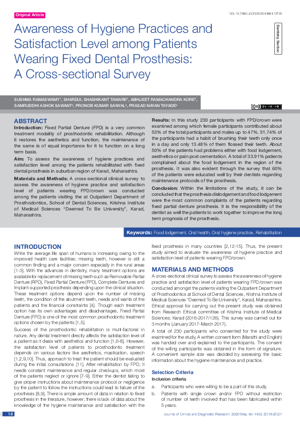 (PDF) Awareness of Hygiene Practices and Satisfaction Level among Patients Wearing Fixed Dental ...