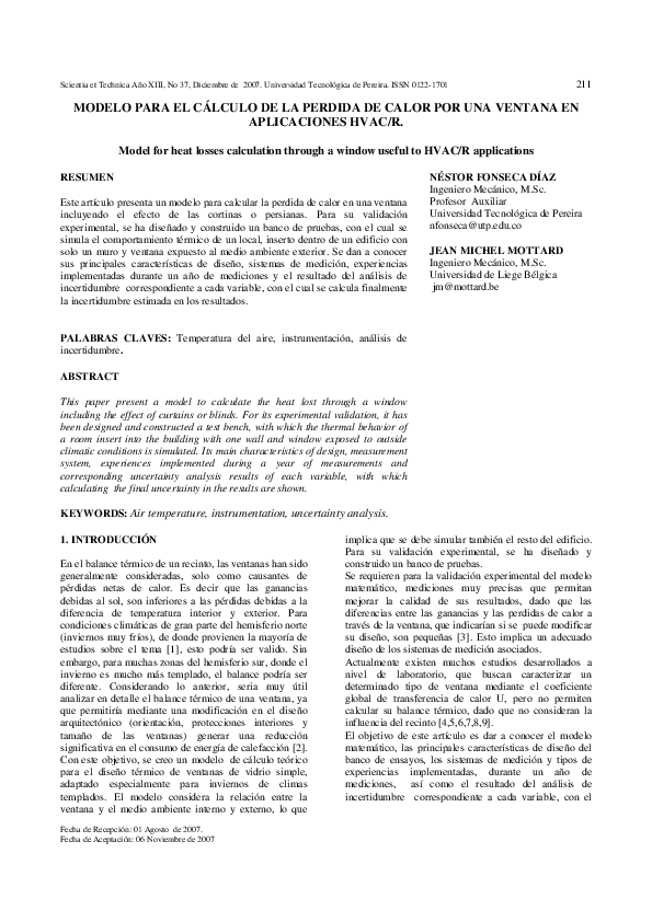(PDF) Modelo Para El Cálculo De La Perdida De Calor Por Una Ventana en ...