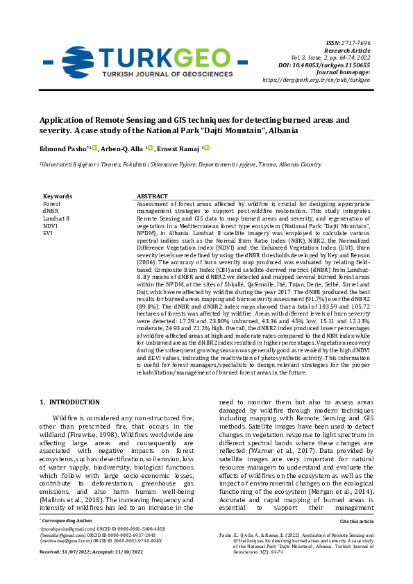 Pdf Application Of Remote Sensing And Gis Techniques For Detecting Burned Areas And Severity