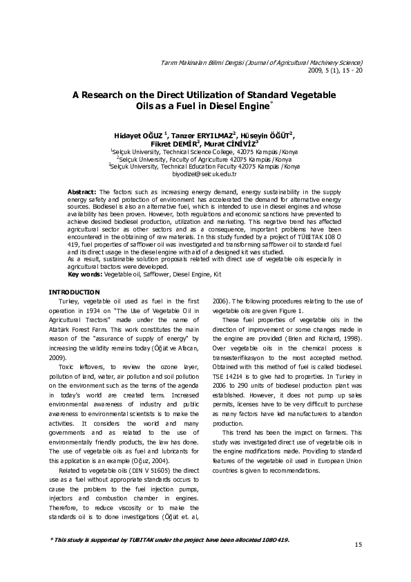 (PDF) A Research on the Direct Utilization of Standard Vegetable Oils ...
