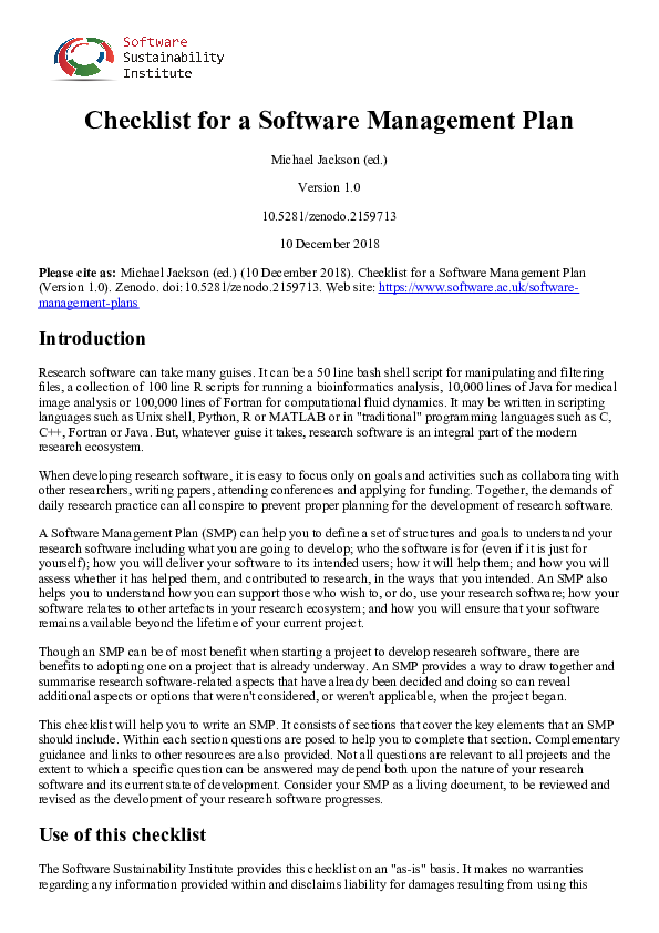 (PDF) Checklist for a Software Management Plan (Version 1.0)