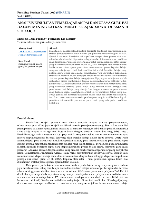 (PDF) ANALISIS KESULITAN PEMBELAJARAN PAI DAN UPAYA GURU PAI DALAM MENINGKATKAN MINAT BELAJAR ...