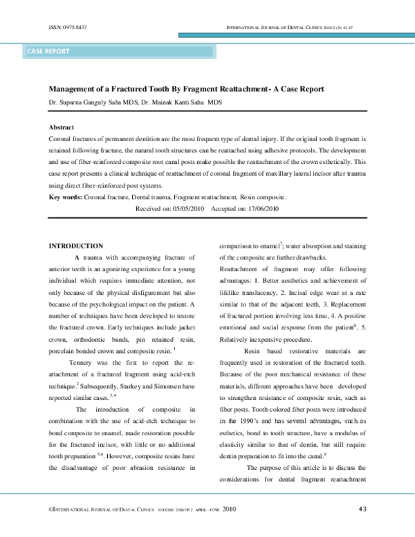 (PDF) Management of a Fractured Tooth by Fragment Reattachment A Case Report | Mainak Saha ...
