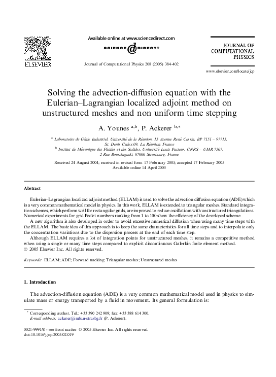 Pdf Solving The Advection Diffusion Equation With The Eulerian Lagrangian Localized Adjoint