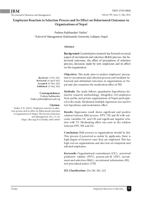 (PDF) Employees Reaction to Selection Process and Its Effect on Behavioural Outcomes in ...