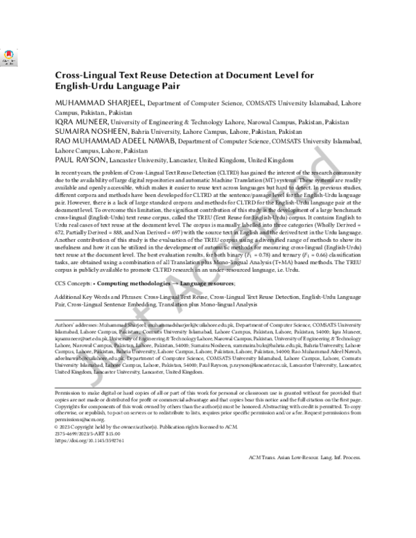 (PDF) Cross-lingual Text Reuse Detection at Document Level for English-Urdu Language Pair | Ms ...