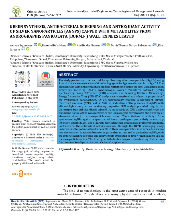 (PDF) GREEN SYNTHESIS, ANTIBACTERIAL SCREENING AND ANTIOXIDANT ACTIVITY OF SILVER NANOPARTICLES ...