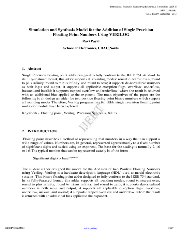 Pdf Simulation And Synthesis Model For The Addition Of Single Precision Floating Point Numbers
