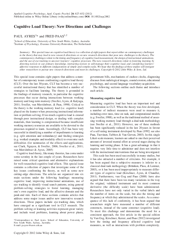 (PDF) Cognitive Load Theory: New Directions and Challenges