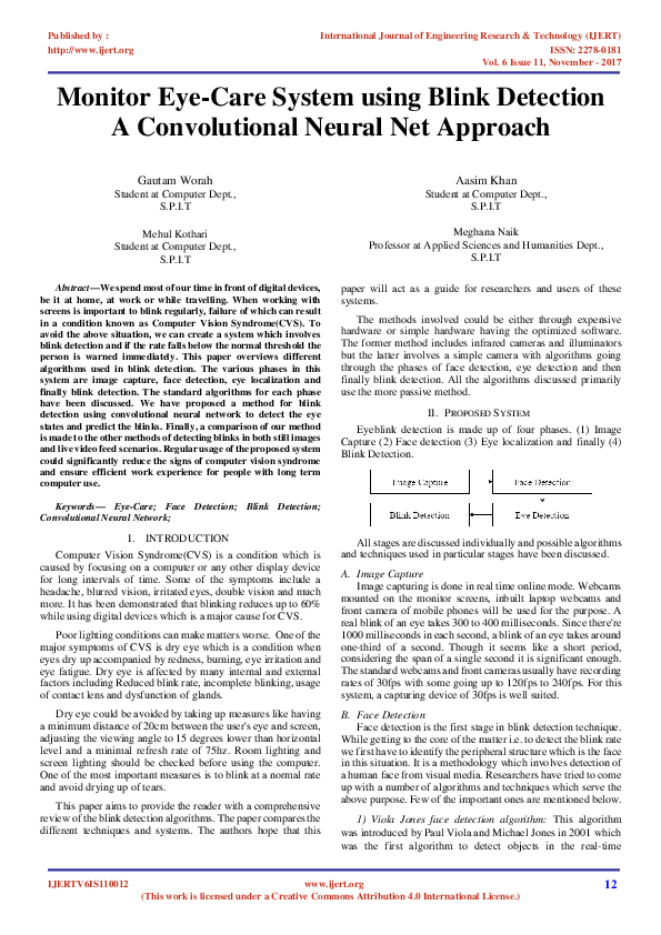 (PDF) Monitor Eye-Care System using Blink Detection A Convolutional ...