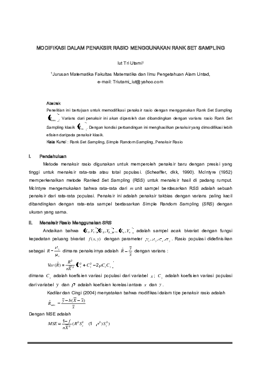 (PDF) Modifikasi Dalam Penaksir Rasio Menggunakan Rank Set Sampling