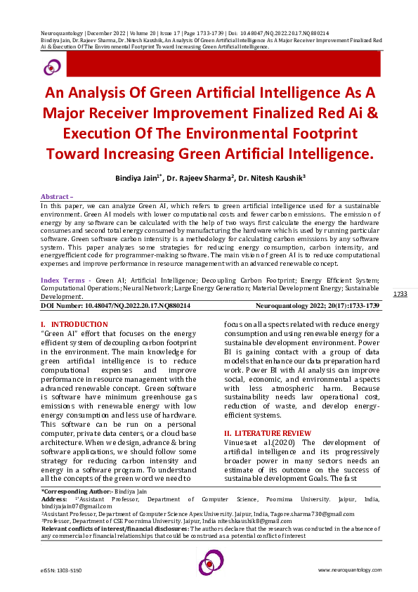 (PDF) An Analysis Of Green Artificial Intelligence As A Major Receiver Improvement Finalized Red ...