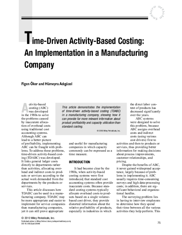 (PDF) Time-driven activity-based costing: An implementation in a manufacturing company
