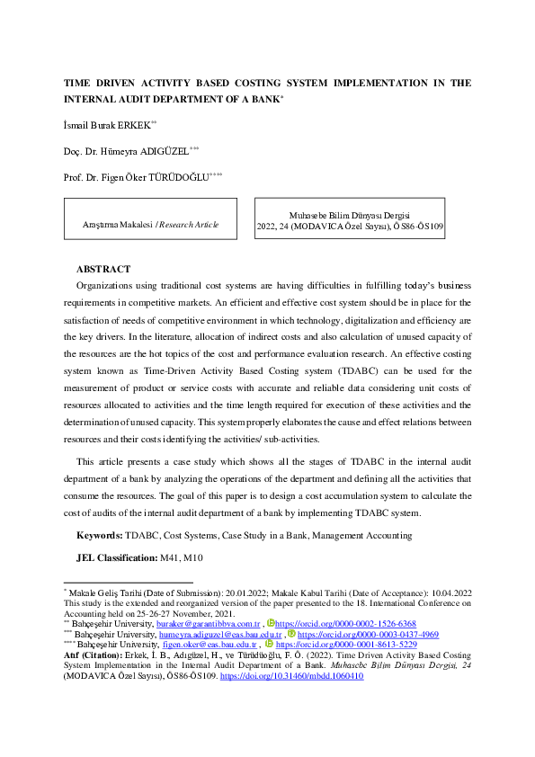 (PDF) Time Driven Activity Based Costing System Implementation in the Internal Audit Department ...