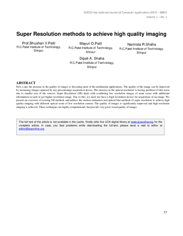 (PDF) Super Resolution methods to achieve high quality imaging