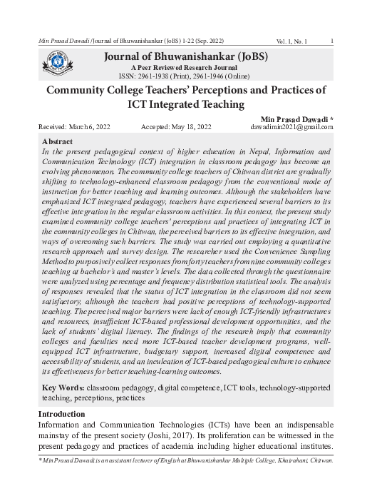 (PDF) Community College Teachers’ Perceptions and Practices of ICT Integrated Teaching