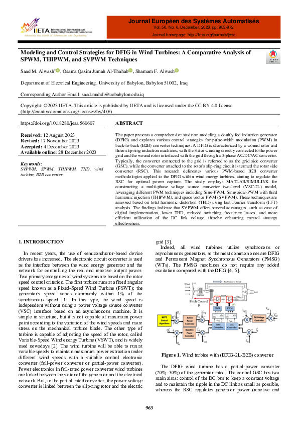 (PDF) Modeling and Control Strategies for DFIG in Wind Turbines: A Comparative Analysis of SPWM ...