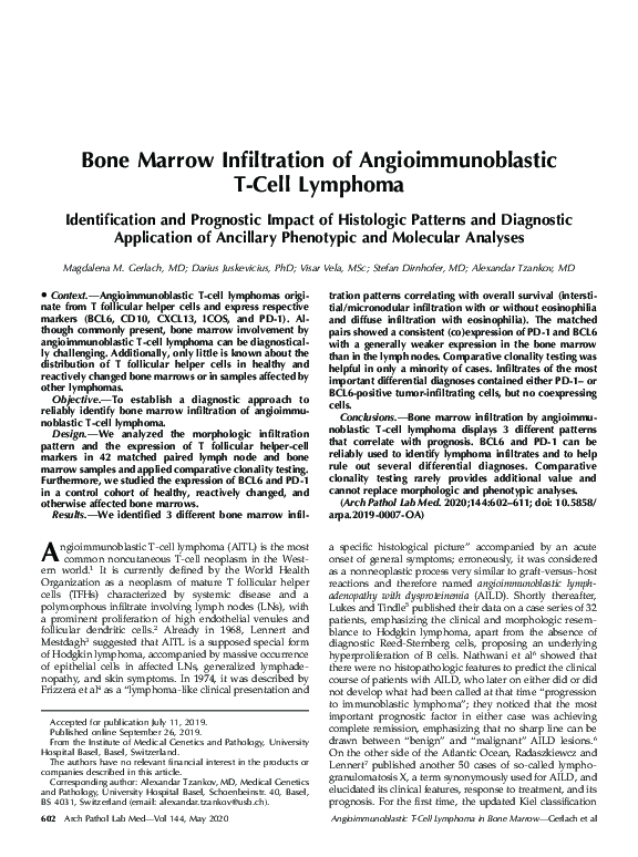 (PDF) Bone Marrow Infiltration of Angioimmunoblastic T-Cell Lymphoma: Identification and ...
