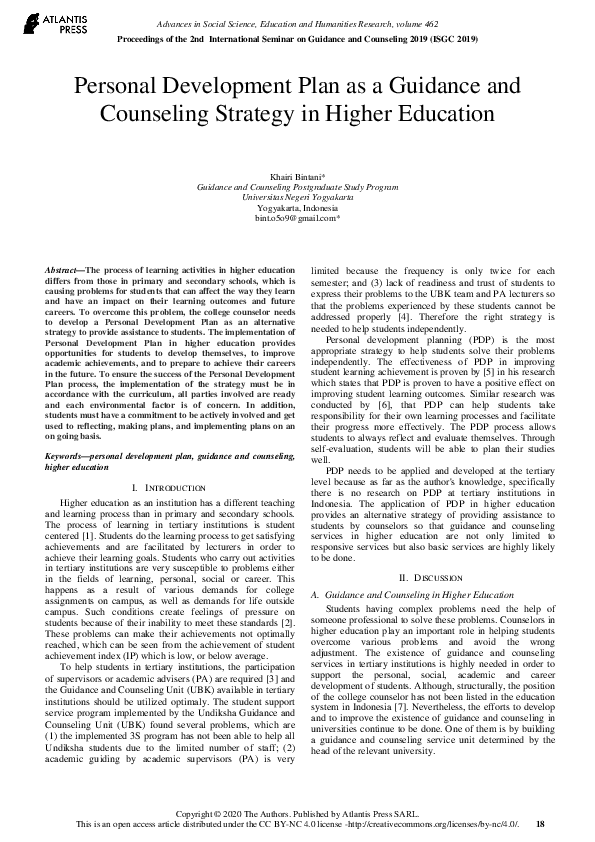 (PDF) Personal Development Plan as a Guidance and Counseling Strategy in Higher Education