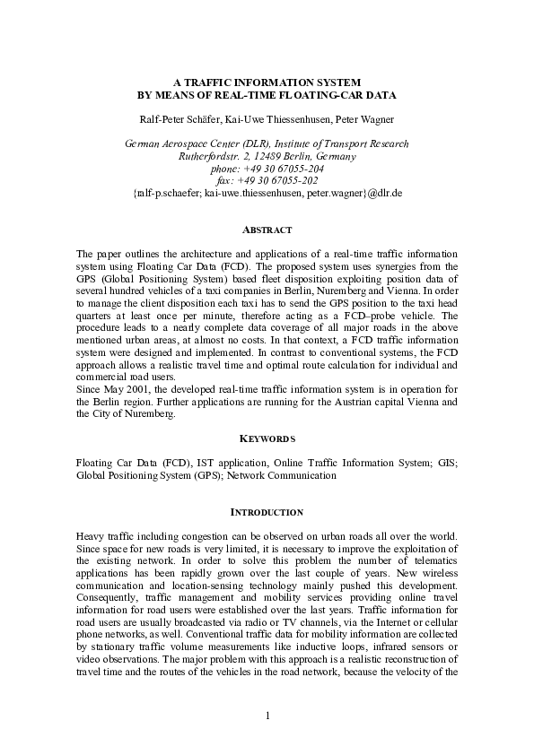 Pdf A Traffic Information System By Means Of Real Time Floating Car Data