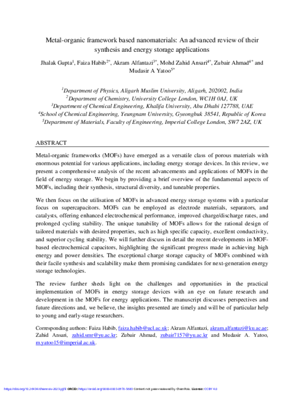 (PDF) Metal-organic framework based nanomaterials: An advanced review of their synthesis and ...
