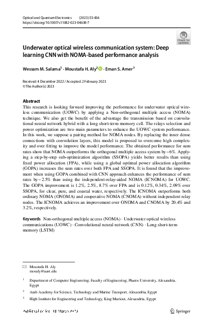 Pdf Underwater Optical Wireless Communication System Deep Learning Cnn With Noma Based