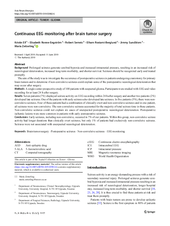 (PDF) Continuous EEG monitoring after brain tumor surgery