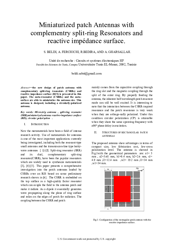 (PDF) Miniaturized patch antennas with complementry split-ring resonators and reactive impédance ...