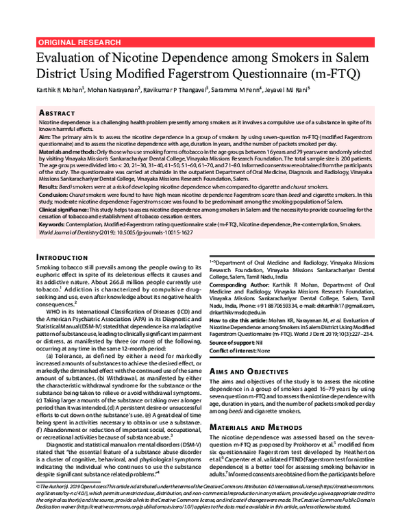 (PDF) Evaluation of Nicotine Dependence among Smokers in Salem District ...