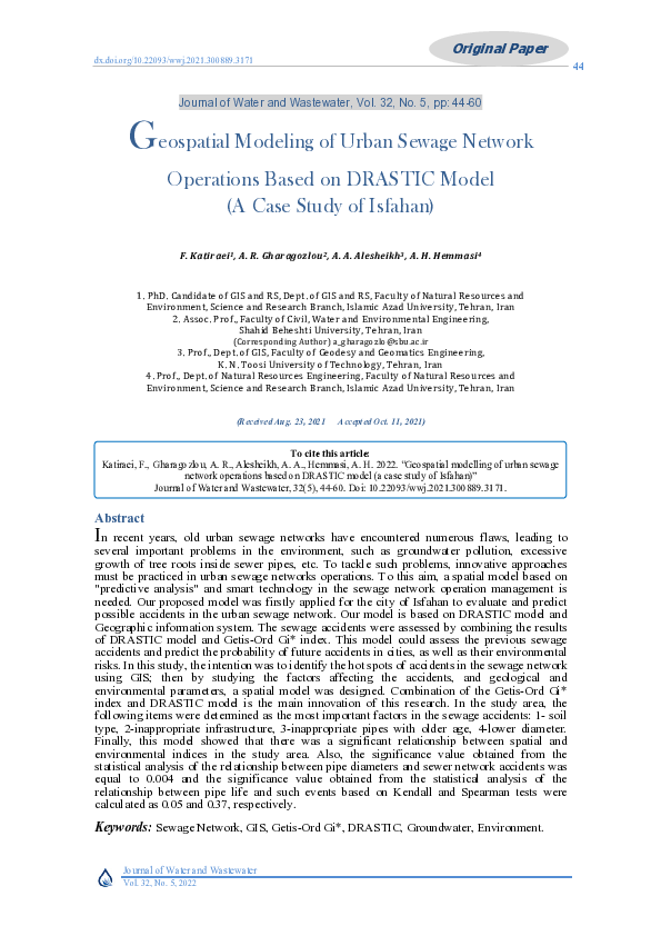 (PDF) Geospatial Modeling of Urban Sewage Network Operations Based on DRASTIC Model (A Case ...