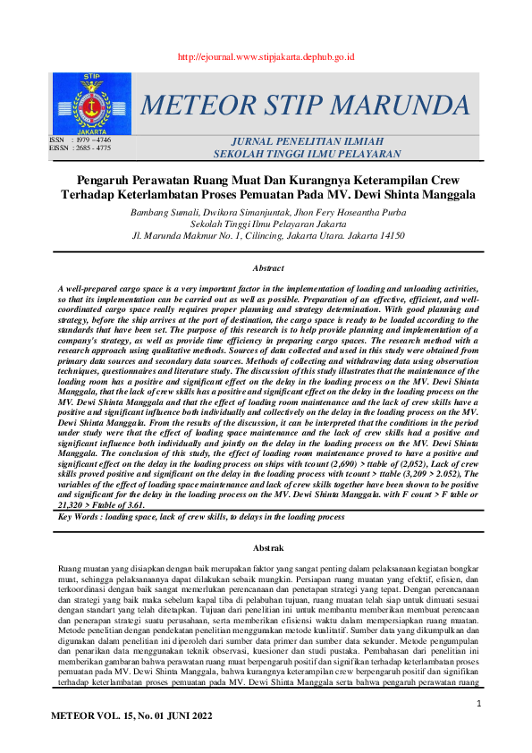 (PDF) Pengaruh Perawatan Ruang Muat Dan Kurangnya Keterampilan Crew Terhadap Keterlambatan ...