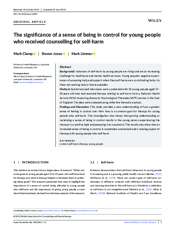 (PDF) The significance of a sense of being in control for young people ...
