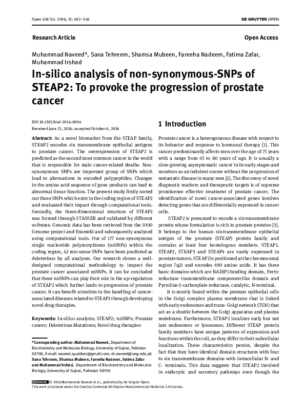 (PDF) In-silico analysis of non-synonymous-SNPs of STEAP2: To provoke ...